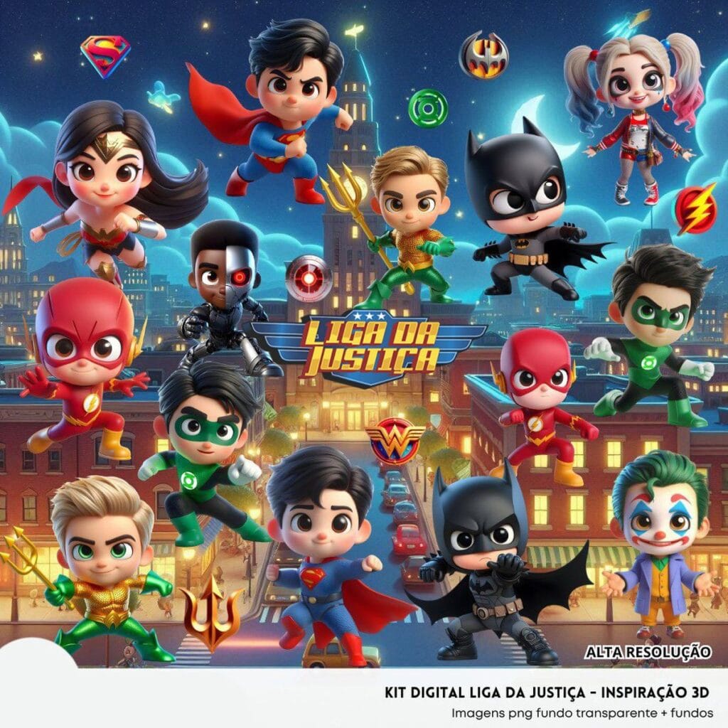 Ilustrações Liga da Justiça Png Baby Fofo Kit Digital 3D - Ello Criativo